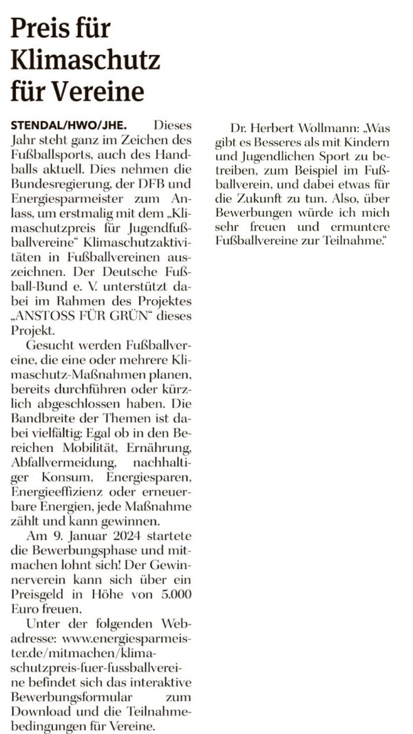 Volksstimme vom 18. Januar 2024: Preis für Klimaschutz für Vereine › Dr ...