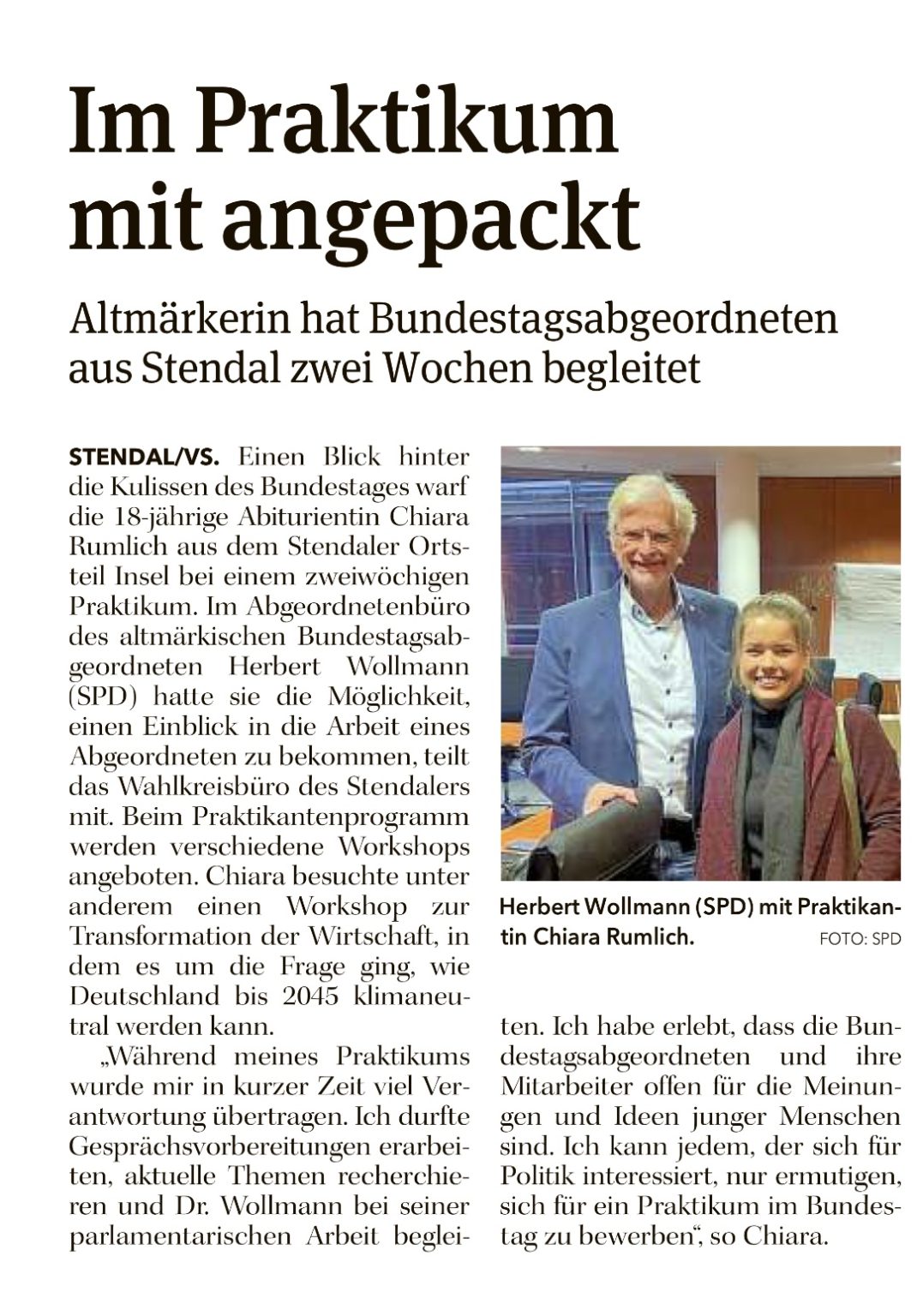 Volksstimme vom 03. November 2023: Im Praktikum mit angepackt › Dr ...