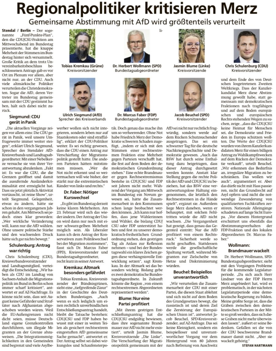 Altmarkzeitung vom 31. Januar 2025: Regionalpolitiker kritisieren Merz ...